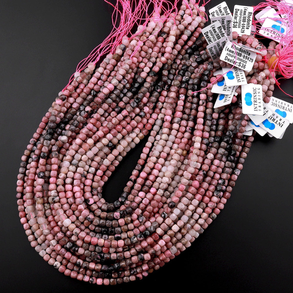 Natural Pink Rhodonite Faceted 4mm Cube Square Dice Beads 15.5" Strand ...