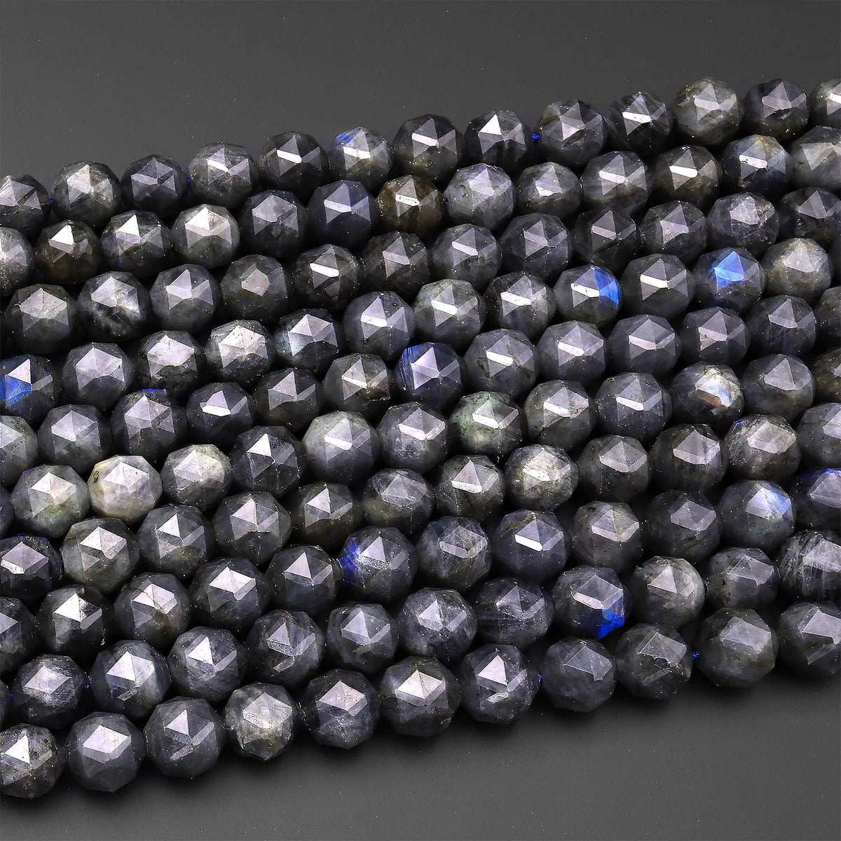 Natural Black Labradorite Faceted 8mm 12mm Round Beads Diamond Double ...