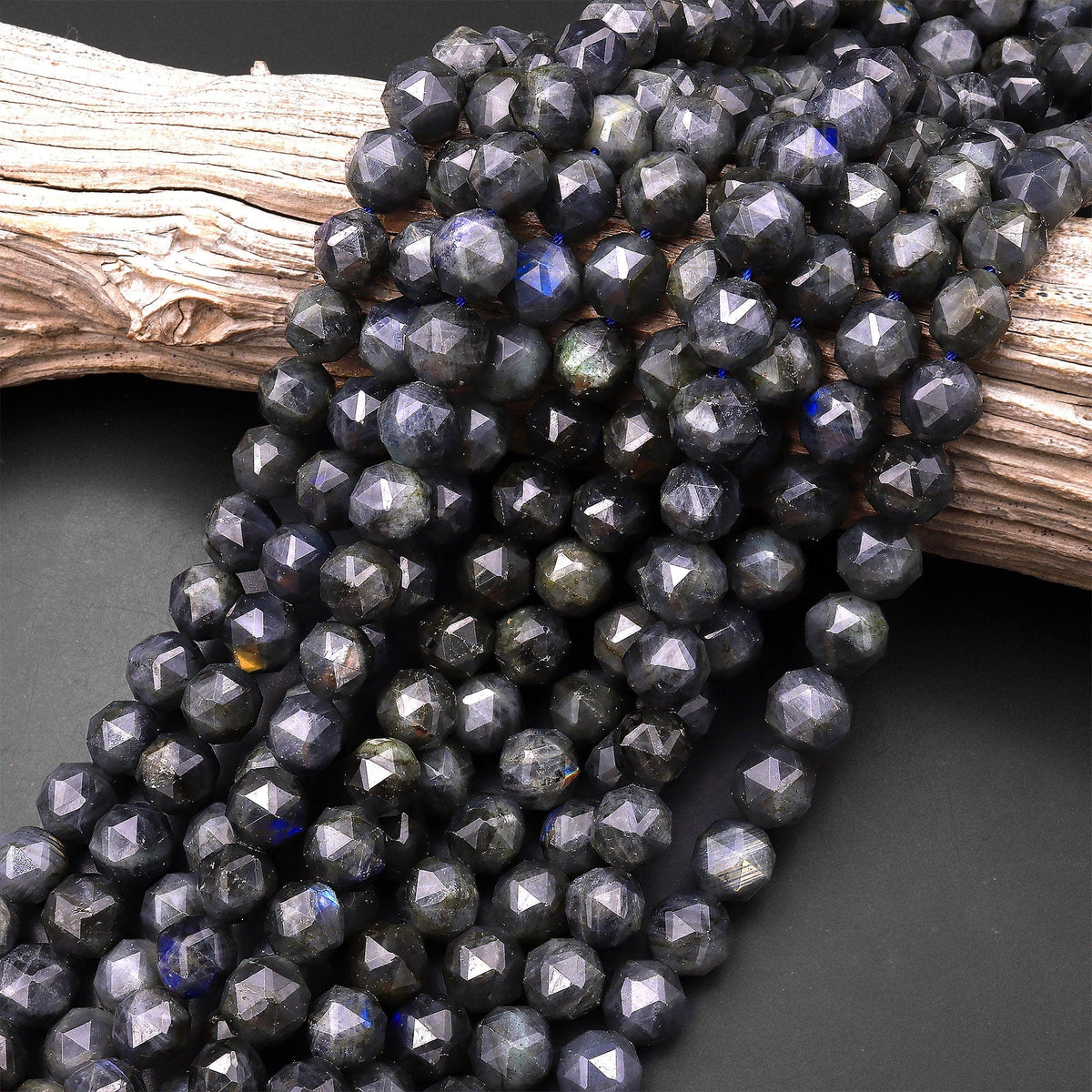 Natural Black Labradorite Faceted 8mm 12mm Round Beads Diamond Double ...