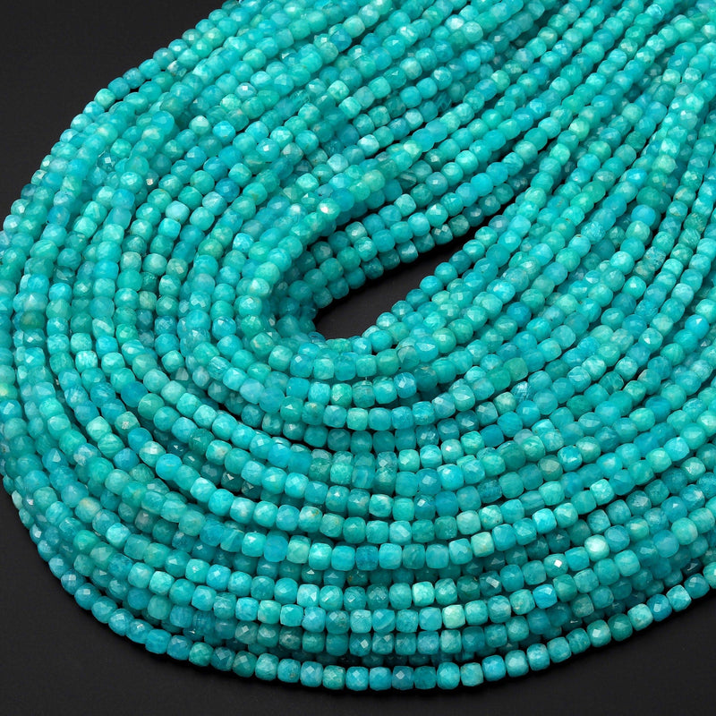 AAA Natural Peruvian Blue Amazonite Faceted 4mm Cube Square Beads Stun ...