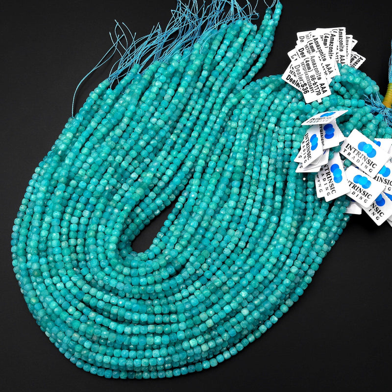 AAA Natural Peruvian Blue Amazonite Faceted 4mm Cube Square Beads Stun ...