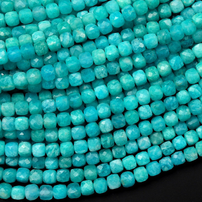 AAA Natural Peruvian Blue Amazonite Faceted 4mm Cube Square Beads Stun ...