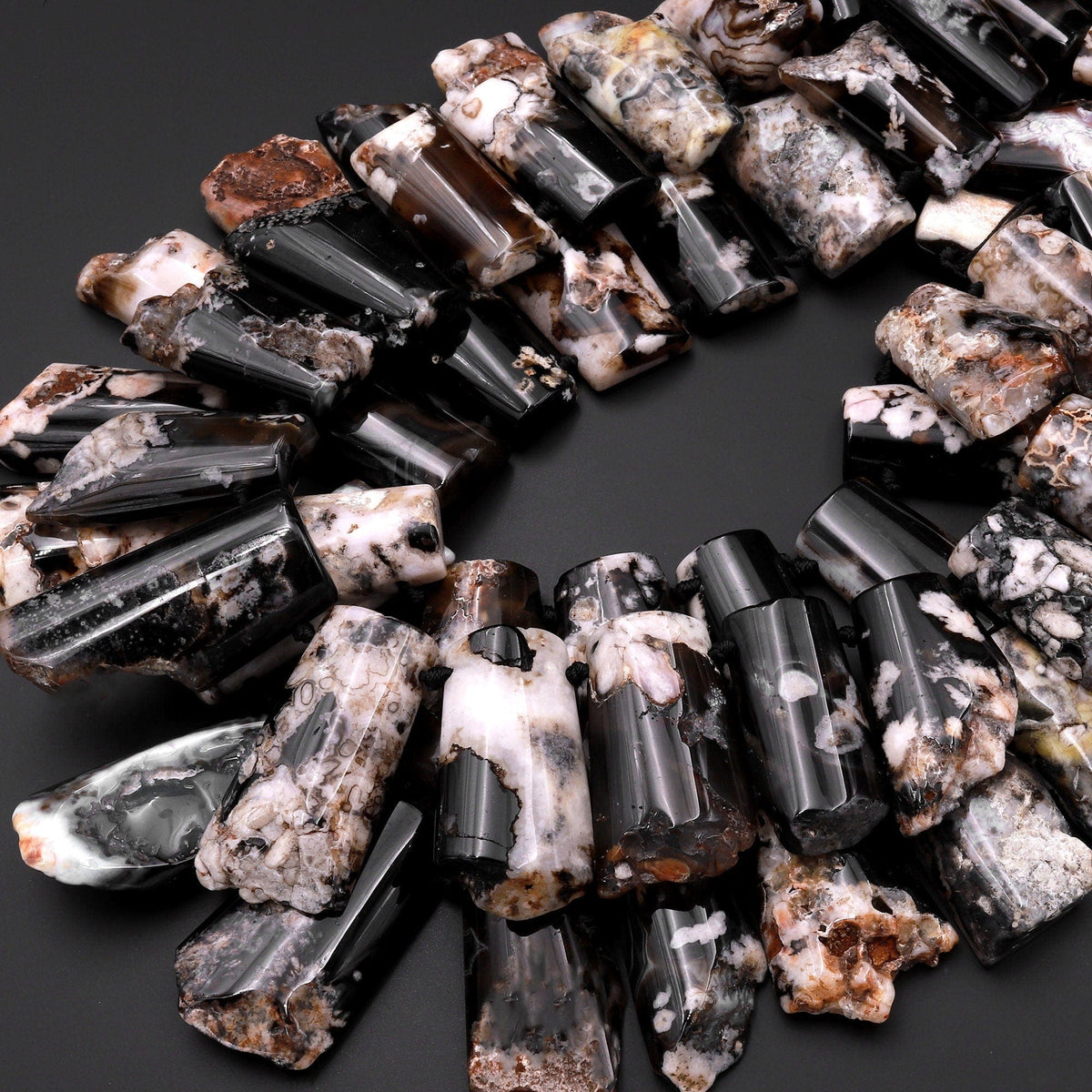 Graduated Black Flower Agate Beads Freeform Trapezoid Collar 18" Stran ...