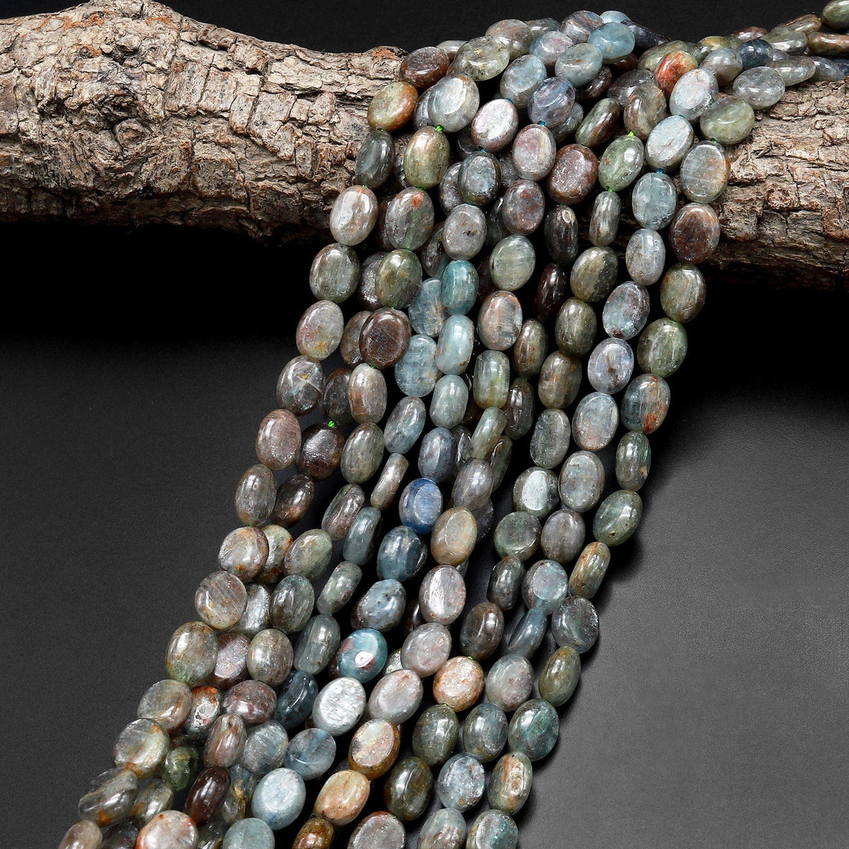 Natural Brown Green Kyanite Oval Beads Chatoyant Silvery Metallic Tone ...