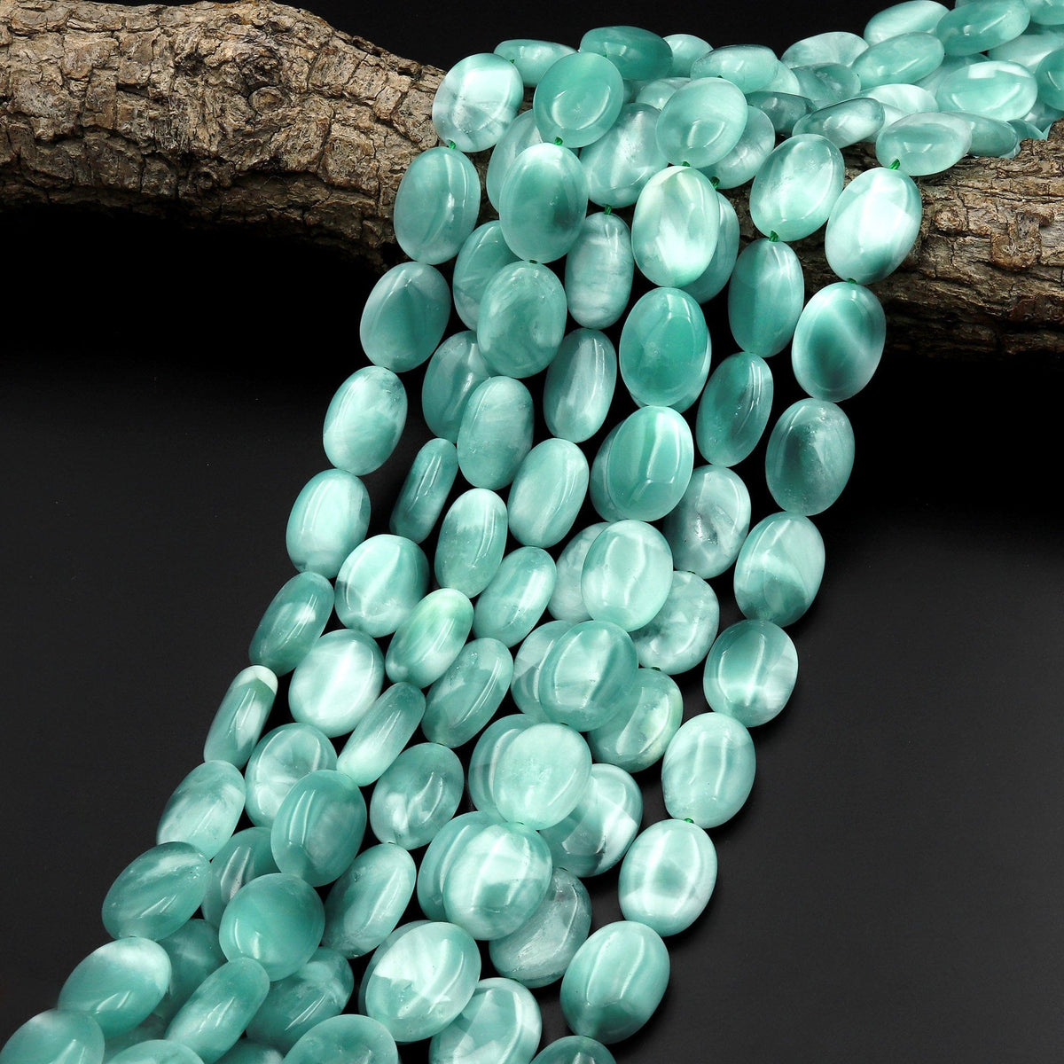 Chatoyant Green Moonstone Oval Beads Aka "Green Larimar" 15.5" Strand ...