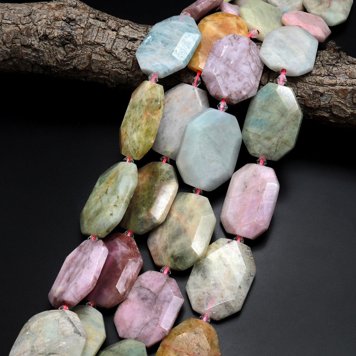 Large Aquamarine Morganite Faceted Slab Cushion Rectangle Pendant Bead ...