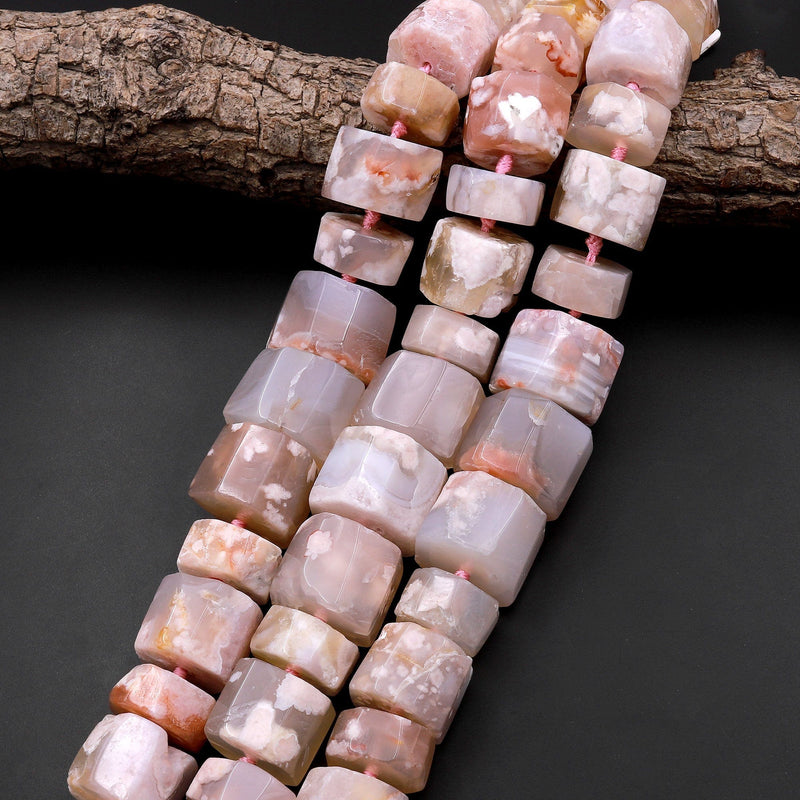 Large Graduated Faceted Natural Cherry Blossom Agate Beads Center Dril ...