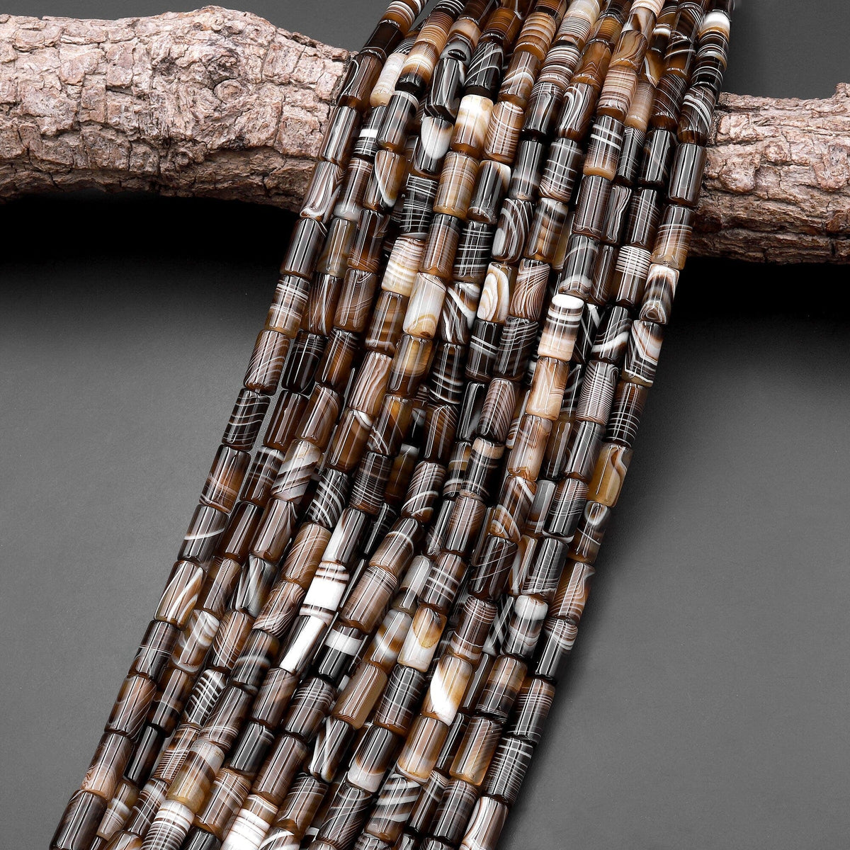 Natural Tibetan Agate Beads Smooth Tube Cylinder Amazing Veins Bands S ...
