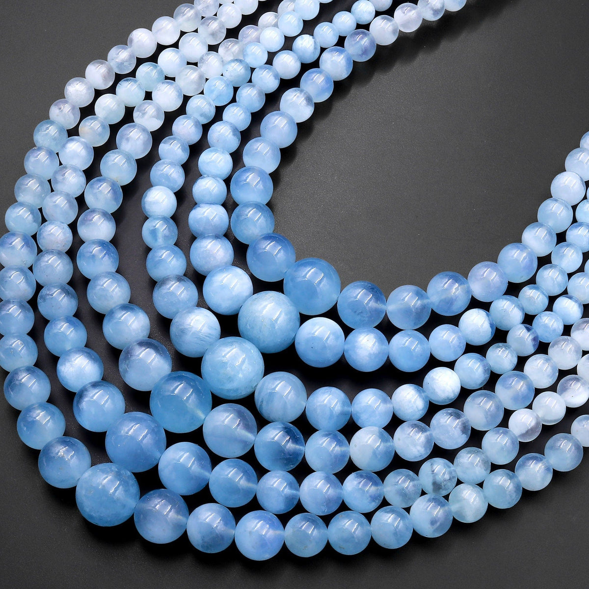 Graduated Natural Blue Aquamarine Round Beads 23" Long Finished Neckla ...