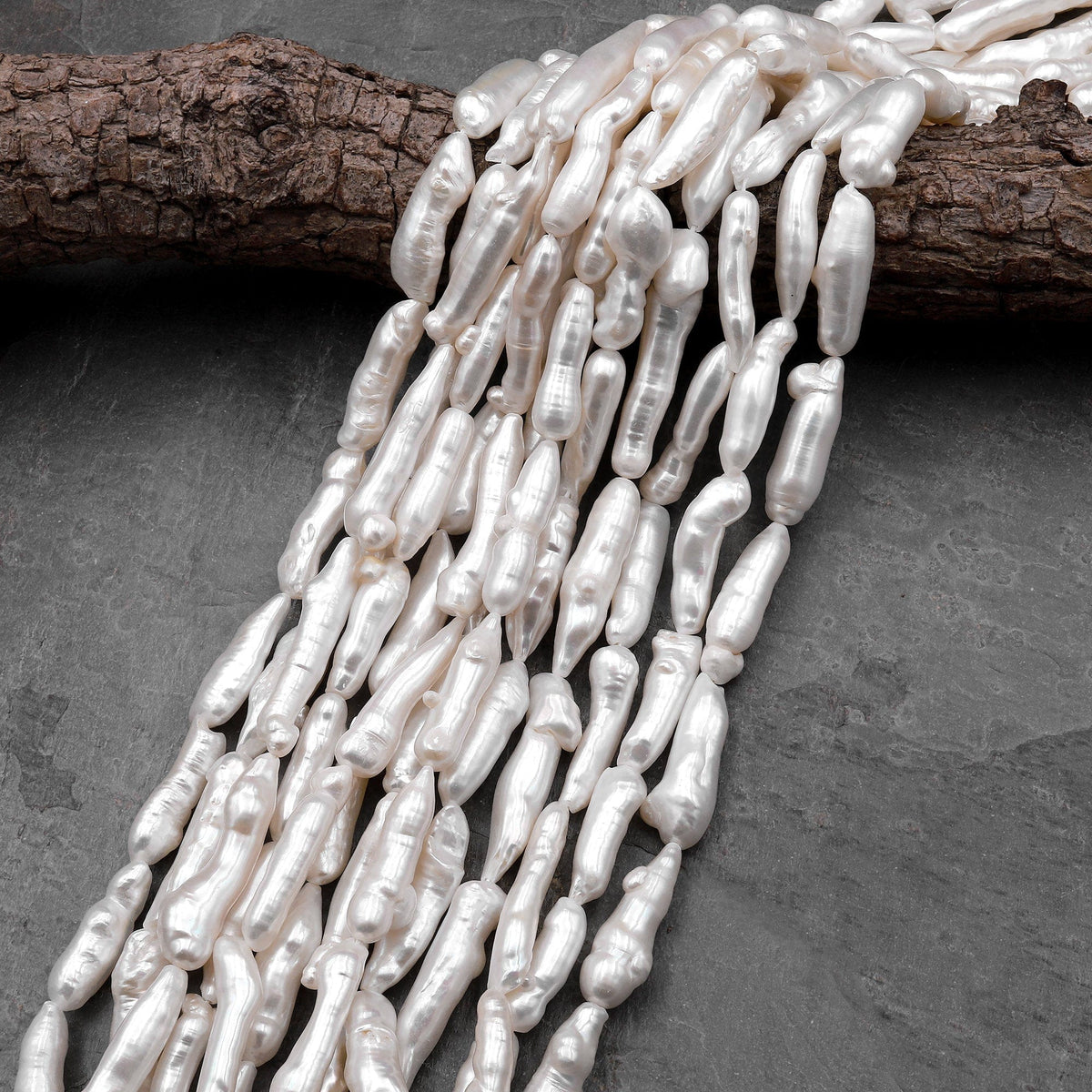 Thick Long Natural White Biwa Stick Pearl Freshwater 16" Strand ...