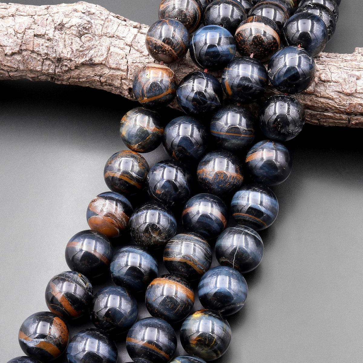 Large Natural Blue Tiger's Eye Smooth 20mm Round Beads Amazing Chatoya ...