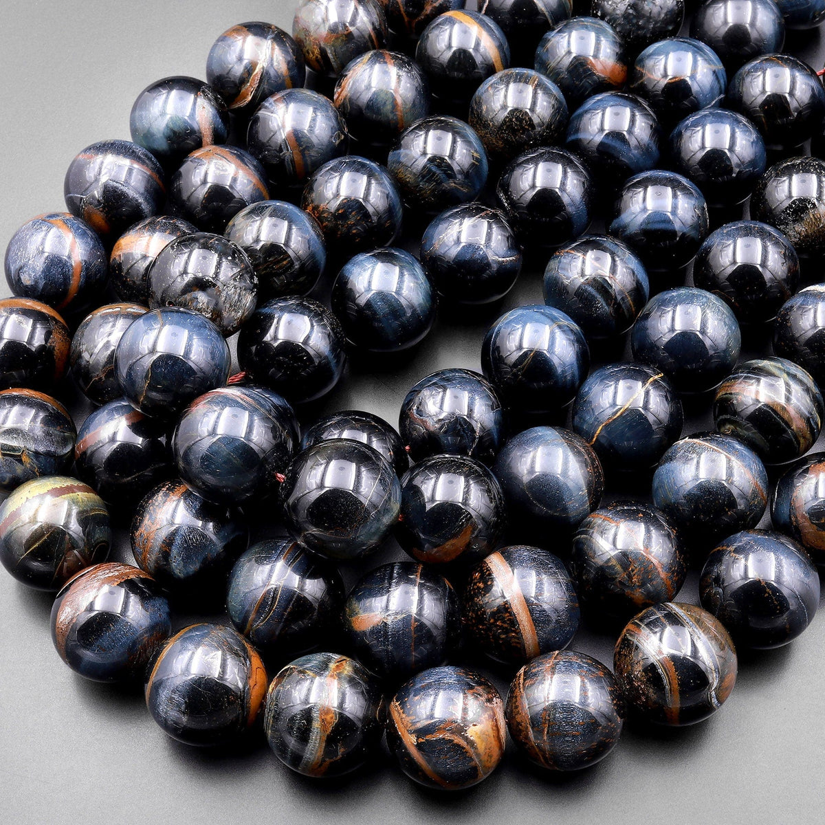 Large Natural Blue Tiger's Eye Smooth 20mm Round Beads Amazing Chatoya ...