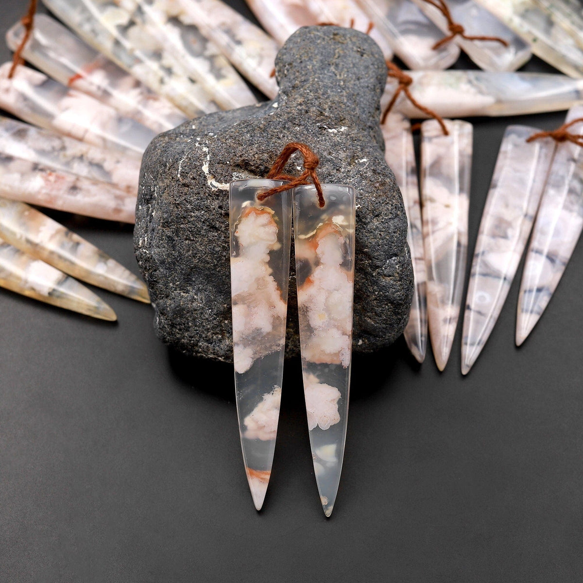 Natural Cherry Blossom Agate Earring Pair Drilled Matched Long Dagger ...