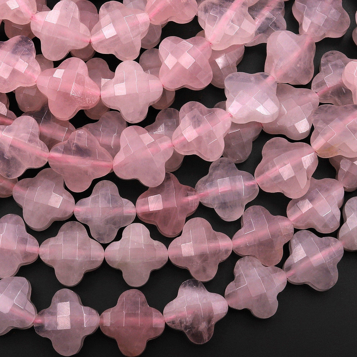 4 Four Leaf Clover Beads Natural Pink Rose Quartz Carved Faceted Flowe ...