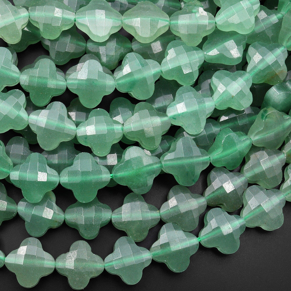 4 Four Leaf Clover Beads Natural Green Aventurine Carved Faceted Flowe ...