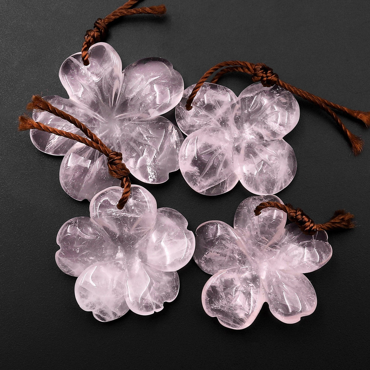 Hand Carved Natural Pale Pink Rose Quartz Flower Pendant Translucent G ...