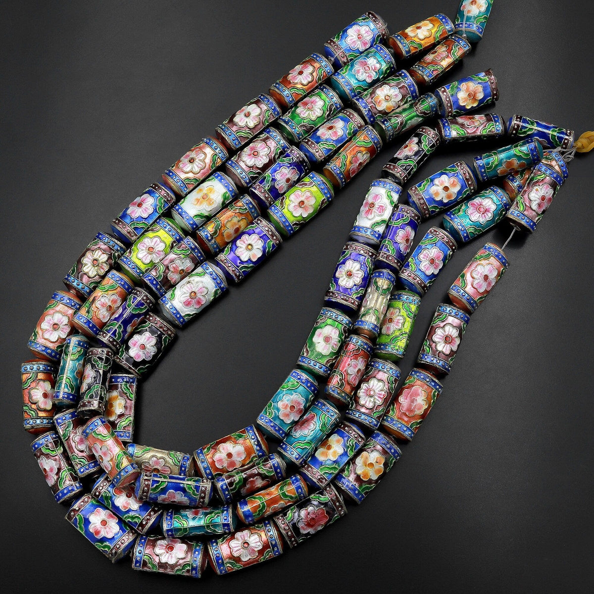 Cloisonné 22mm Beads Long Cylinder Decorative Floral Enamel 15.5" Stra ...