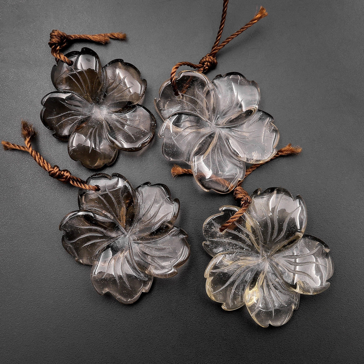 Hand Carved Natural Smoky Quartz Flower Pendant Translucent Gemstone B ...