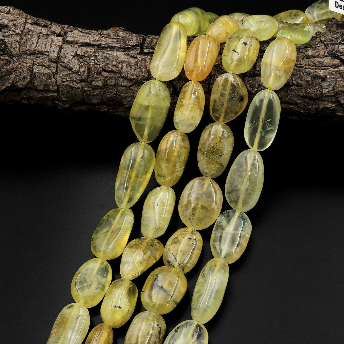 AAA Extra Translucent Natural Yellow Prehnite Freeform Oval Nugget Bea ...