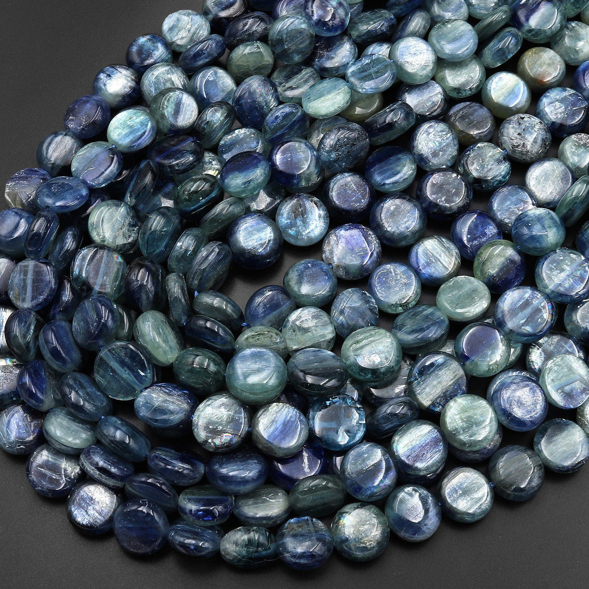 Rare Bicolor Natural Silvery Blue Green Kyanite 10mm Smooth Coin Beads ...