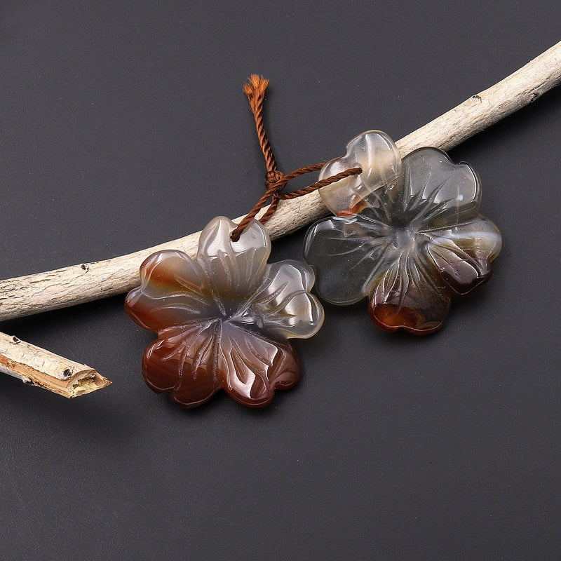 Hand Carved Natural Dark Carnelian Flower Earring Pair Drilled Gemston ...