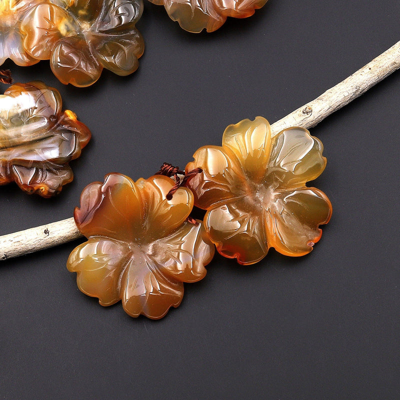 Hand Carved Natural Brown Yellow Carnelian Flower Earring Pair Drilled ...
