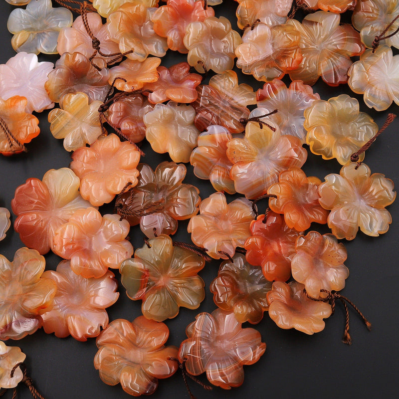 Hand Carved Natural Peach Orange Carnelian Flower Earring Pair Drilled ...
