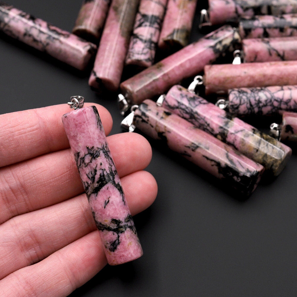 Natural Pink Black Rhodonite Long Cylinder Pendant Natural Crystal Foc ...