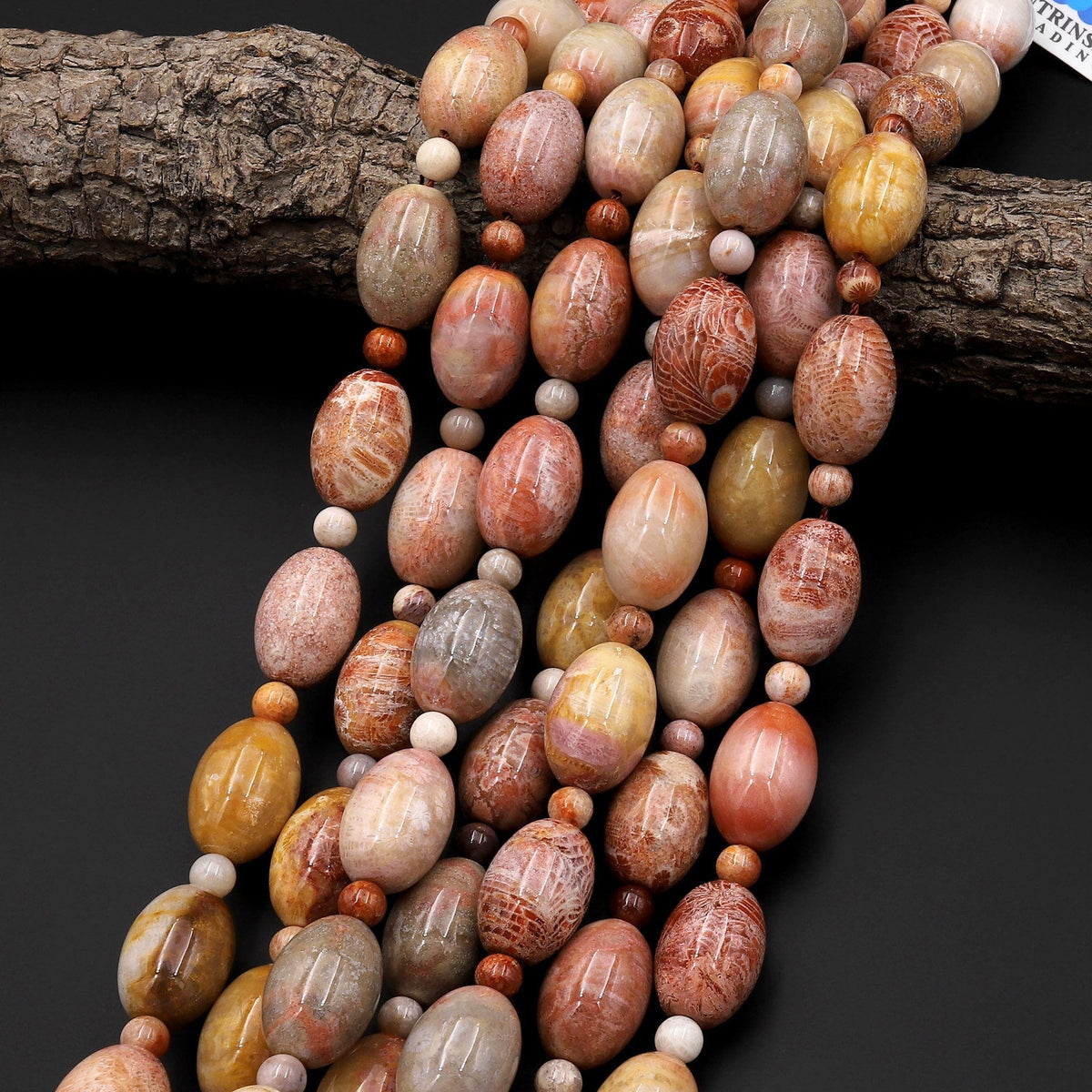 Natural Orange Red Yellow Fossil Coral Beads Barrel Drum Gemstone 15.5 ...