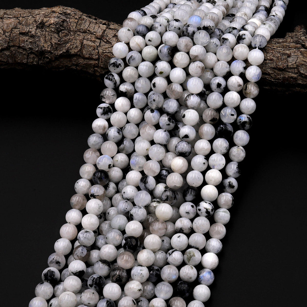 Rainbow Moonstone 6mm 8mm 10mm Round Beads W/ Black Tourmaline 15.5" S ...