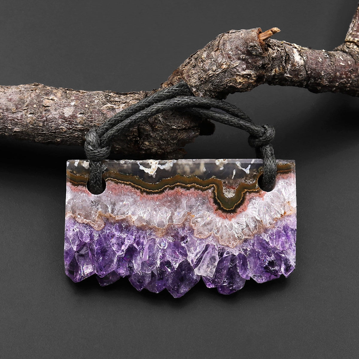 2 Hole Pendant Natural Purple Amethyst Stalactite Druzy Pendant Drille ...