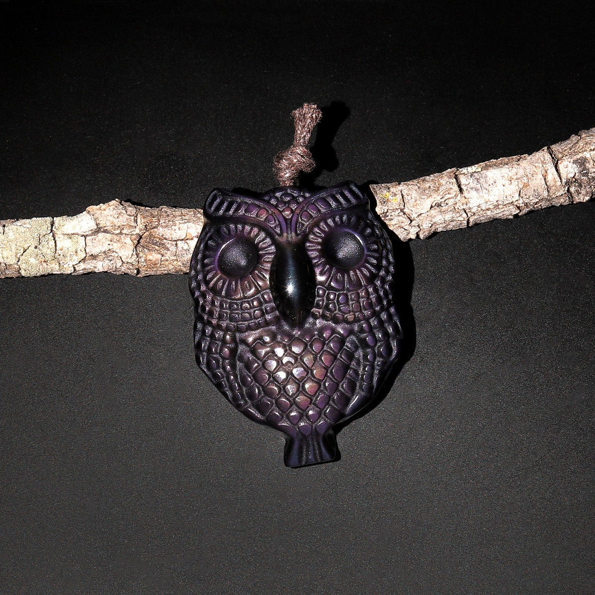 Hand Carved Natural Black Rainbow Obsidian Owl Pendant Gemstone Focal ...