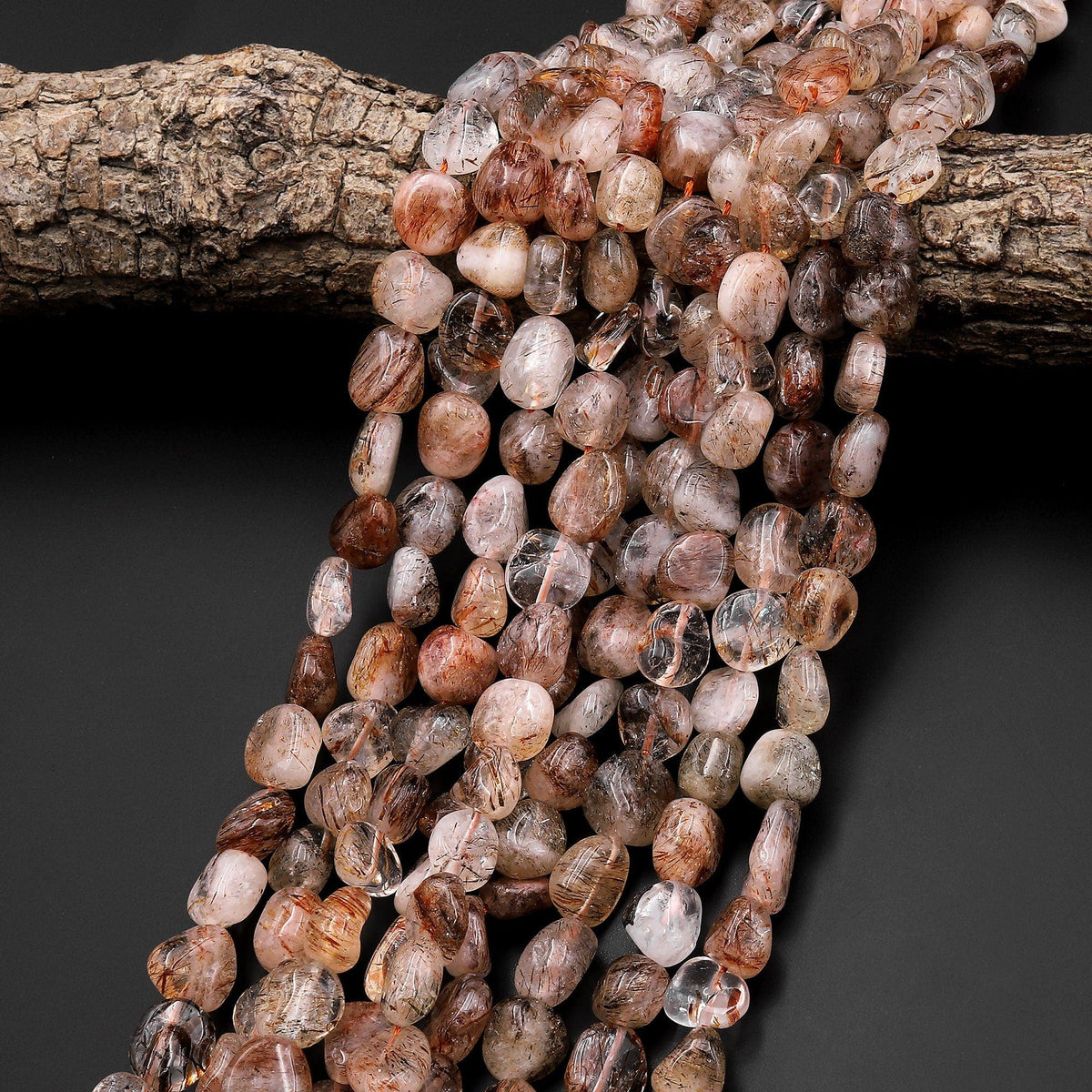Natural Red Rutile Quartz Freeform Oval Pebble Nugget Beads 15.5" Stra ...