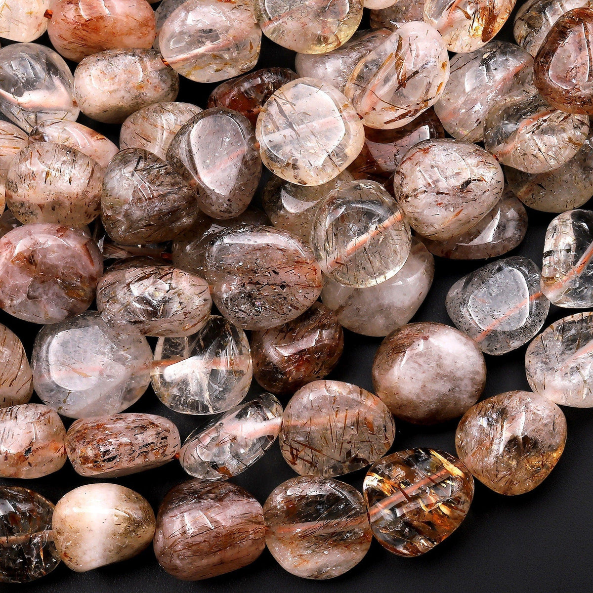 Natural Red Rutile Quartz Freeform Oval Pebble Nugget Beads 15.5" Stra ...