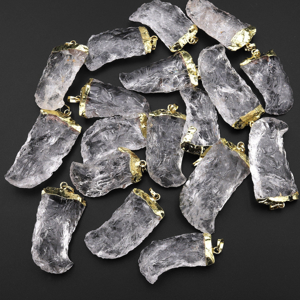 Natural Rough Raw Rock Crystal Quartz Pendants Hand Hammered Claw Gold ...