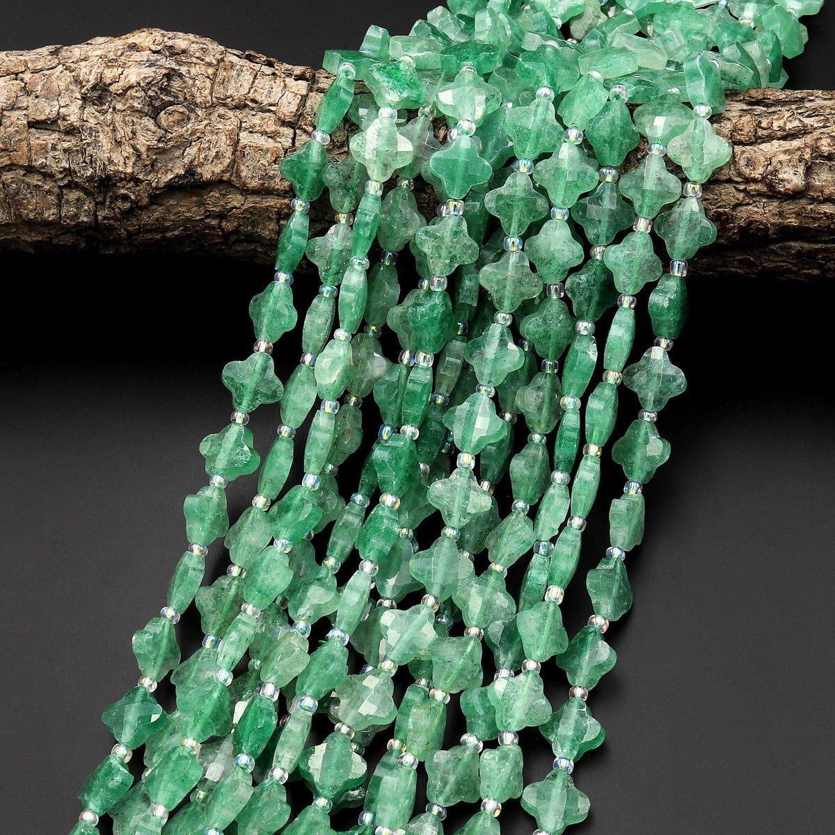 4 Four Leaf Clover Beads Natural Green Chalcedony Carved Faceted Flowe ...