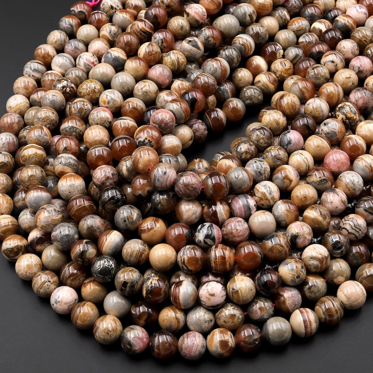 Natural Honey Brown Rhodochrosite 6mm 8mm Round Beads Caramel Bands St ...