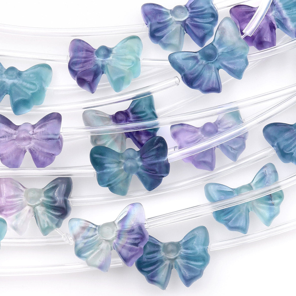 Hand Carved Natural Green Blue Purple Fluorite Flower Ribbon Bow Beads ...